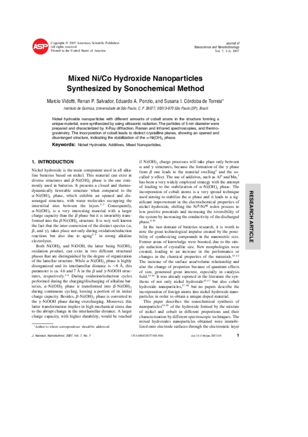 (PDF) Mixed Ni/Co Hydroxide Nanoparticles Synthesized by Sonochemical ...