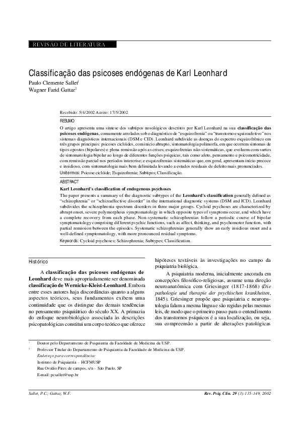 (PDF) Classificacao das psicoses endogenas de Karl Leonhard