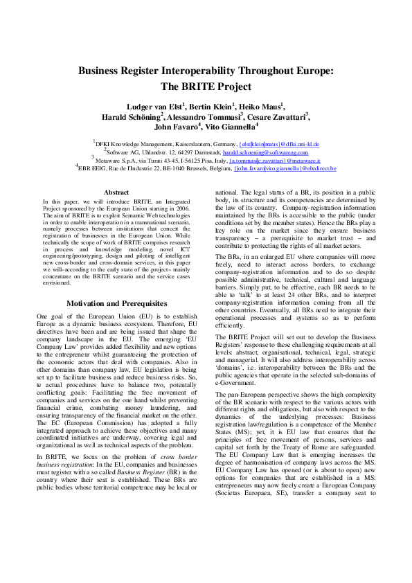 (PDF) Business Register Interoperability Throughout Europe: The Brite Project | Alessandro ...