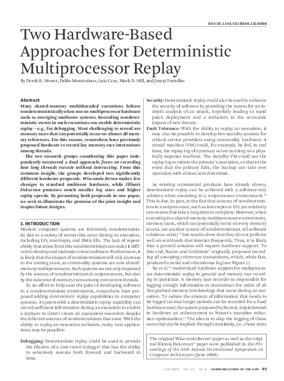 (PDF) Two hardware-based approaches for deterministic multiprocessor replay