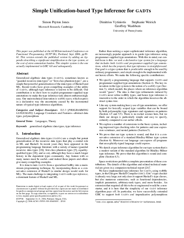 (PDF) Simple unification-based type inference for GADTs