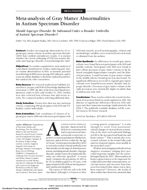 (PDF) Meta-analysis of Gray Matter Abnormalities in Autism Spectrum Disorder