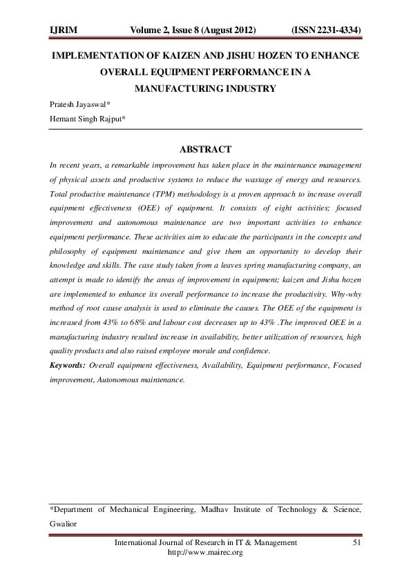 (PDF) IMPLEMENTATION OF KAIZEN AND JISHU HOZEN TO ENHANCE OVERALL EQUIPMENT PERFORMANCE IN A ...