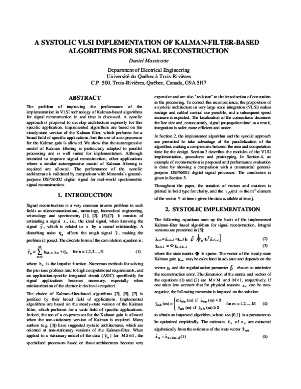 Pdf A Systolic Vlsi Implementation Of Kalman Filter Based Algorithms