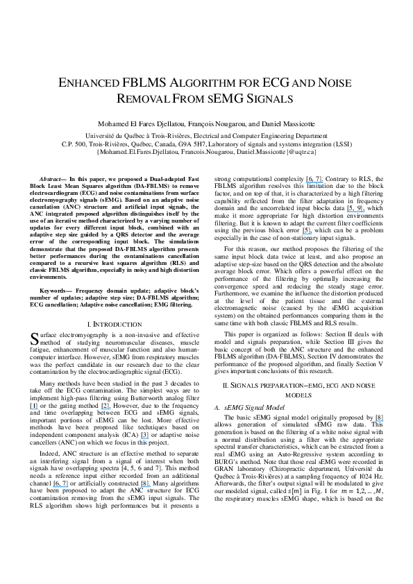 (PDF) Enhanced FBLMS algorithm for ECG and noise removal from semg signals