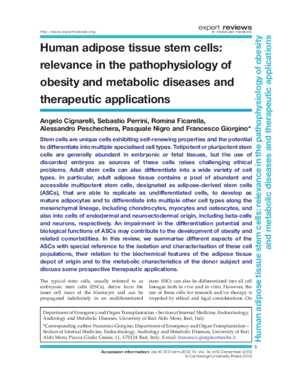 (PDF) Human adipose tissue stem cells: relevance in the pathophysiology of obesity and metabolic ...