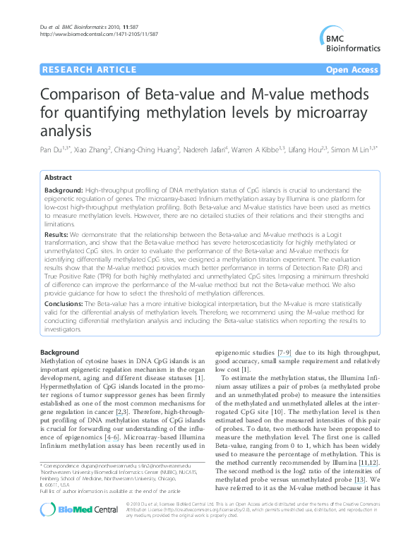 (PDF) Comparison of Beta-value and M-value methods for quantifying methylation levels by ...