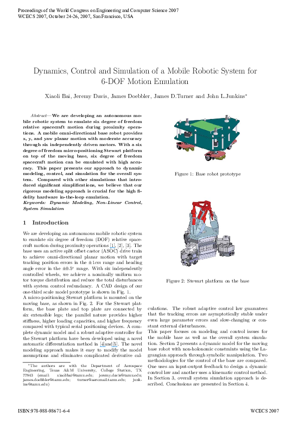 (PDF) Dynamics, control and simulation of a mobile robotics system for 6-dof motion emulation