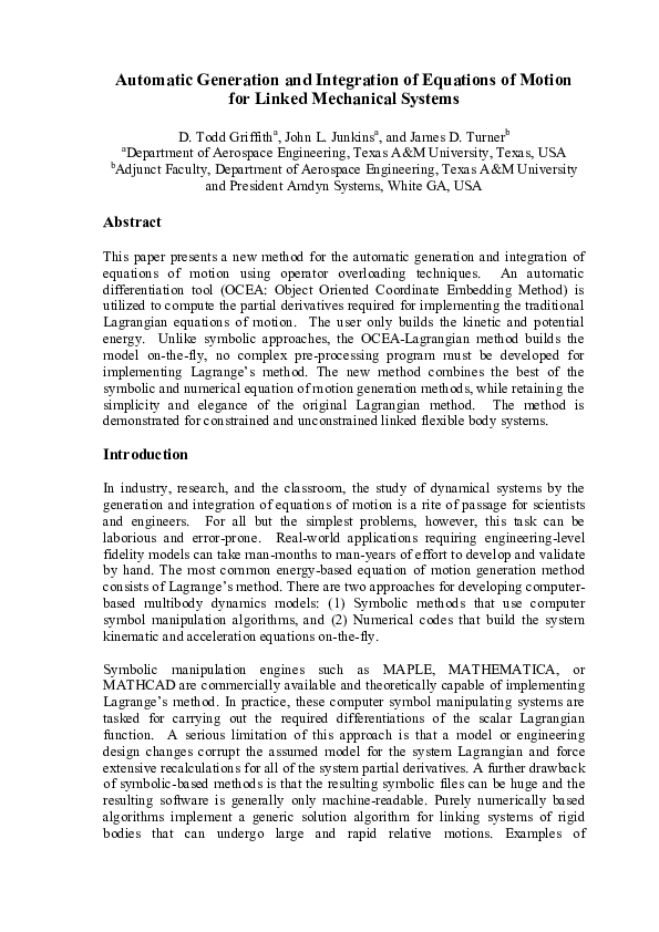 (PDF) Automatic generation and integration of equations of motion for ...