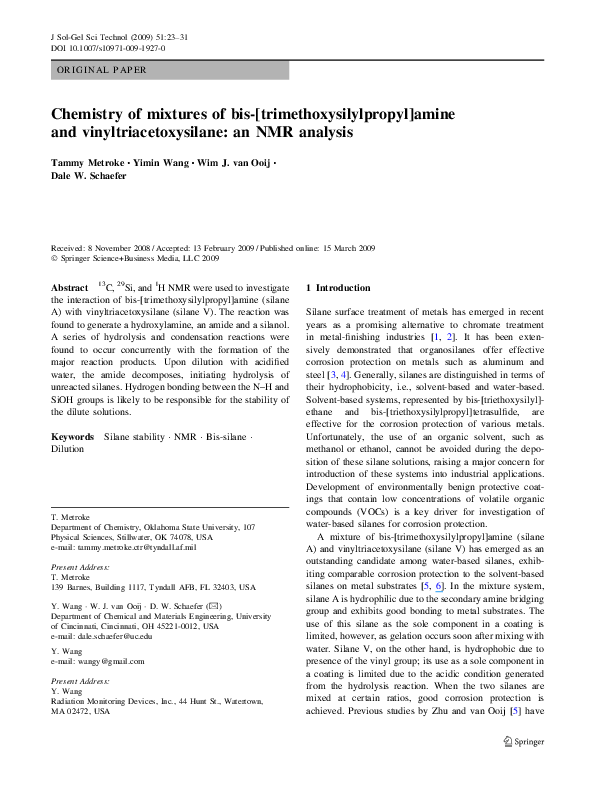 (PDF) Chemistry of mixtures of bis-[trimethoxysilylpropyl]amine and ...