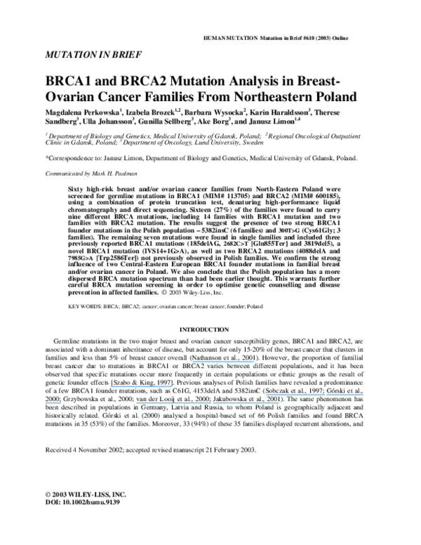 (PDF) BRCA1 and BRCA2 mutation analysis in breast-ovarian cancer families from northeastern Poland