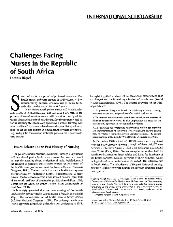 (PDF) Challenges Facing Nurses in the Republic of South Africa