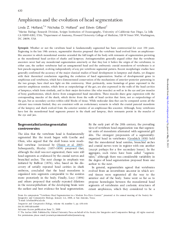 (PDF) Amphioxus and the evolution of head segmentation