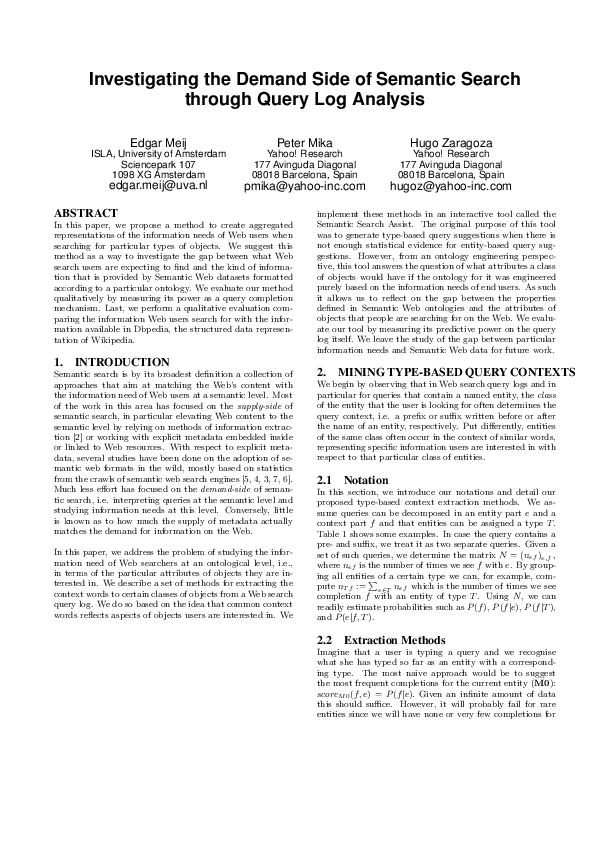 (PDF) Investigating the demand side of semantic search through query log analysis