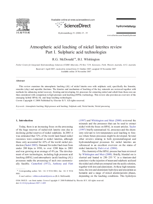 (PDF) Atmospheric acid leaching of nickel laterites review Part I ...