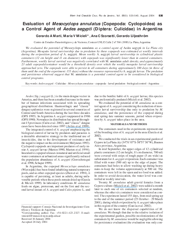 (PDF) Evaluation of Mesocyclops annulatus (Copepoda: Cyclopoidea) as a ...