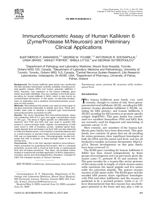 (PDF) Immunofluorometric assay of human kallikrein 6 (zyme/protease M ...