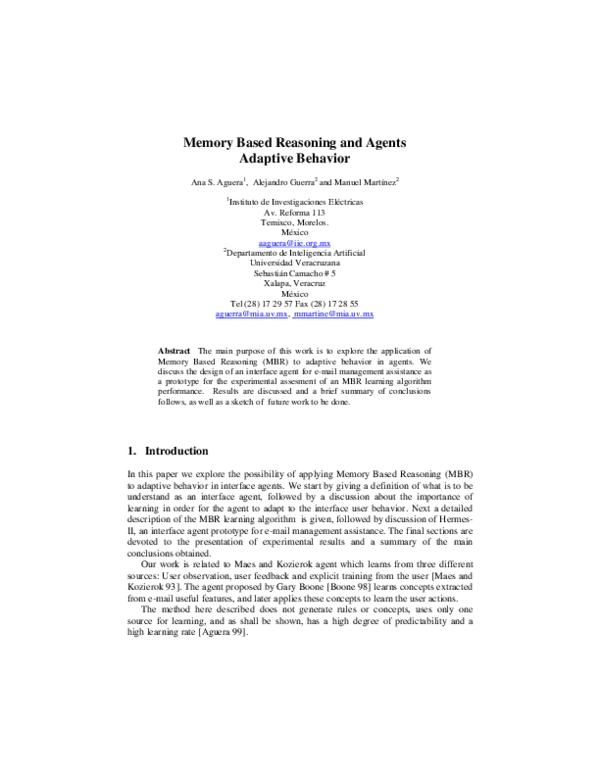 (PDF) Memory Based Reasoning and Agents Adaptive Behavior