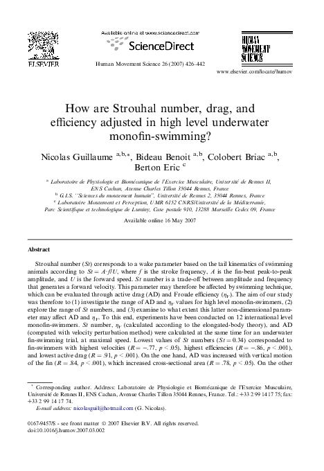 (PDF) How are Strouhal number, drag, and efficiency adjusted in high level underwater monofin ...