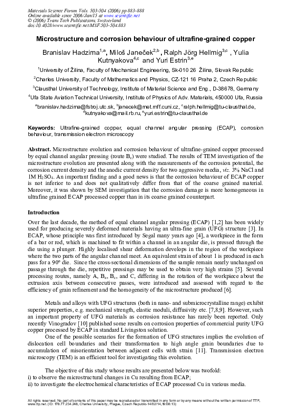 (PDF) Microstructure and corrosion behaviour of ultrafine-grained copper