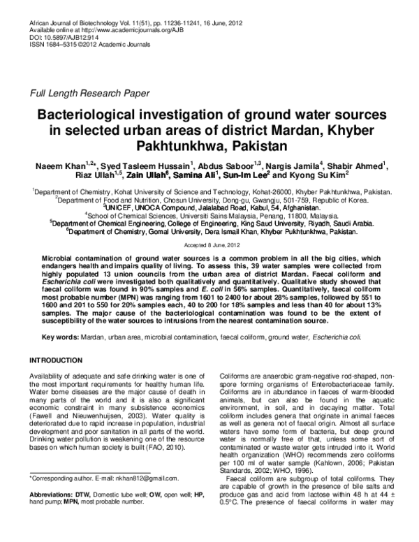 (PDF) Bacteriological Quality of Drinking Water in Mardan, Khyber Pakhtunkhwa, Pakistan | sana ...