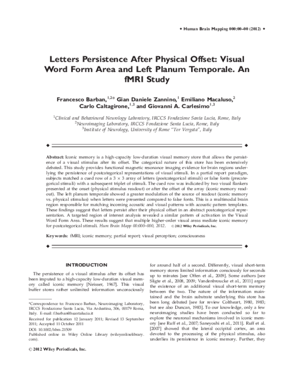 (PDF) Letters persistence after physical offset: Visual word form area ...