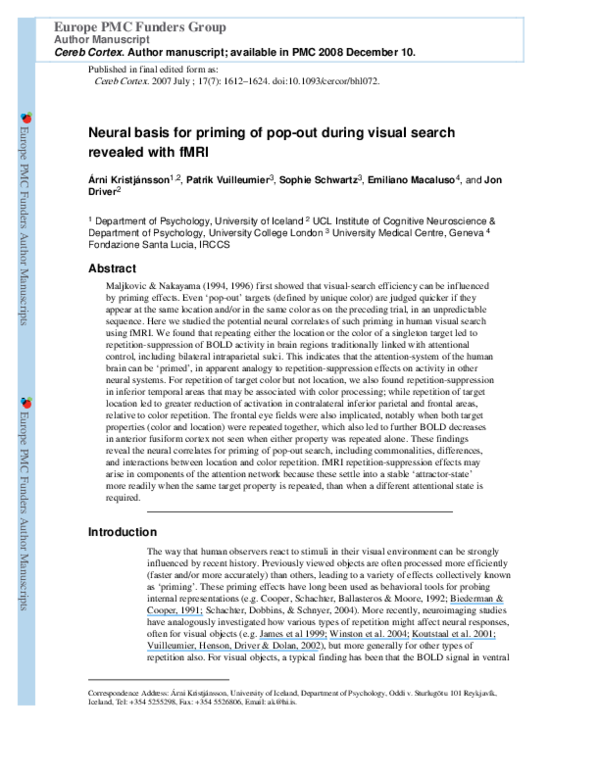(PDF) Neural Basis for Priming of Pop-Out during Visual Search Revealed with fMRI