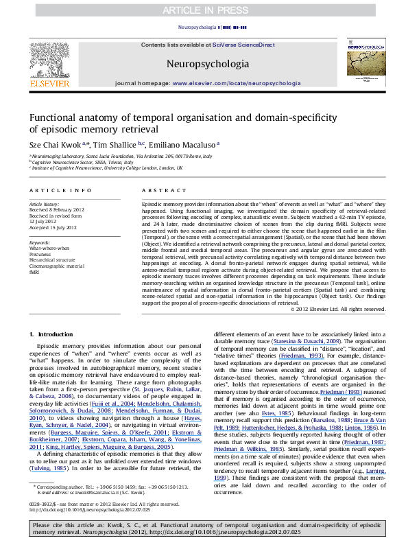 (PDF) Functional anatomy of temporal organisation and domain-specificity of episodic memory ...