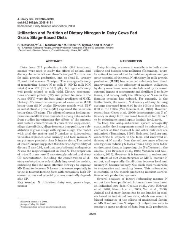 (PDF) Utilization and Partition of Dietary Nitrogen in Dairy Cows Fed Grass Silage-Based Diets