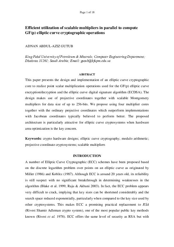 (PDF) Efficient utilization of scalable multipliers in parallel to compute GF(p) elliptic curve ...
