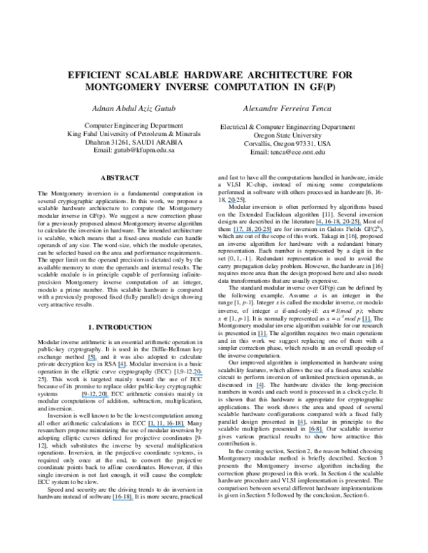 Pdf Efficient Scalable Hardware Architecture For Montgomery Inverse Computation In Gf P