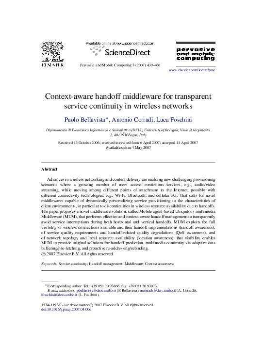 (PDF) Context-aware handoff middleware for transparent service continuity in wireless networks