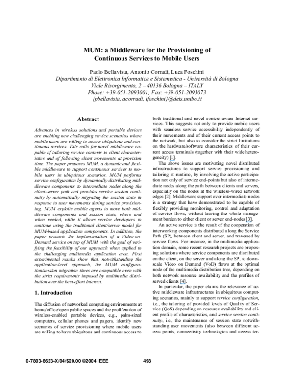 (PDF) MUM: a middleware for the provisioning of continuous services to mobile users