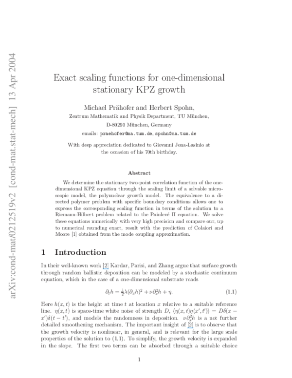 (PDF) Exact Scaling Functions for One-Dimensional Stationary KPZ Growth