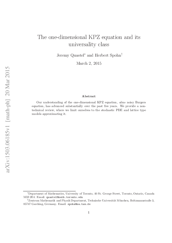 (PDF) The One-Dimensional KPZ Equation and Its Universality Class