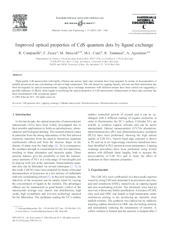 (PDF) Improved optical properties of CdS quantum dots by ligand exchange
