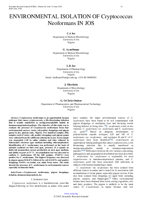 Pdf Environmental Isolation Of Cryptococcus Neoformans In Jos C A Ior G Ayanbimpe L D Ior
