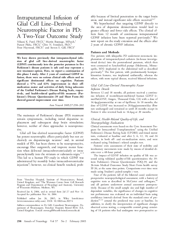 (PDF) Intraputamenal infusion of glial cell line-derived neurotrophic factor in PD: A two-year ...