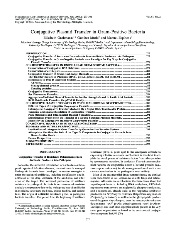 (PDF) Conjugative plasmid transfer in gram-positive bacteria