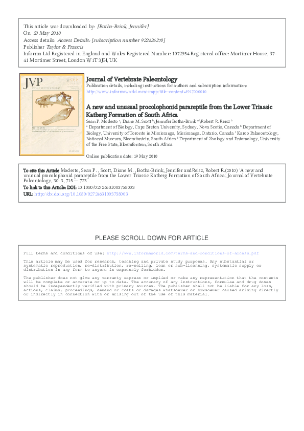 (PDF) A New and Unusual Procolophonid Reptile From the Lower Triassic ...