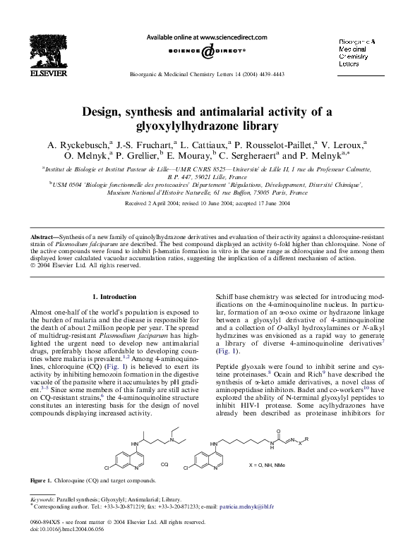 (PDF) Design, synthesis and antimalarial activity of novel, quinoline-Based, zinc metallo ...