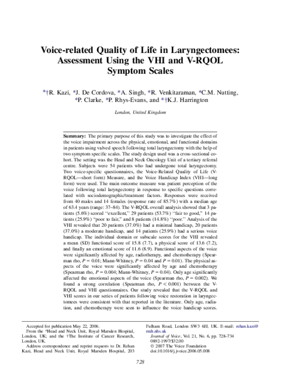 (PDF) Voice-related Quality of Life in Laryngectomees: Assessment Using ...