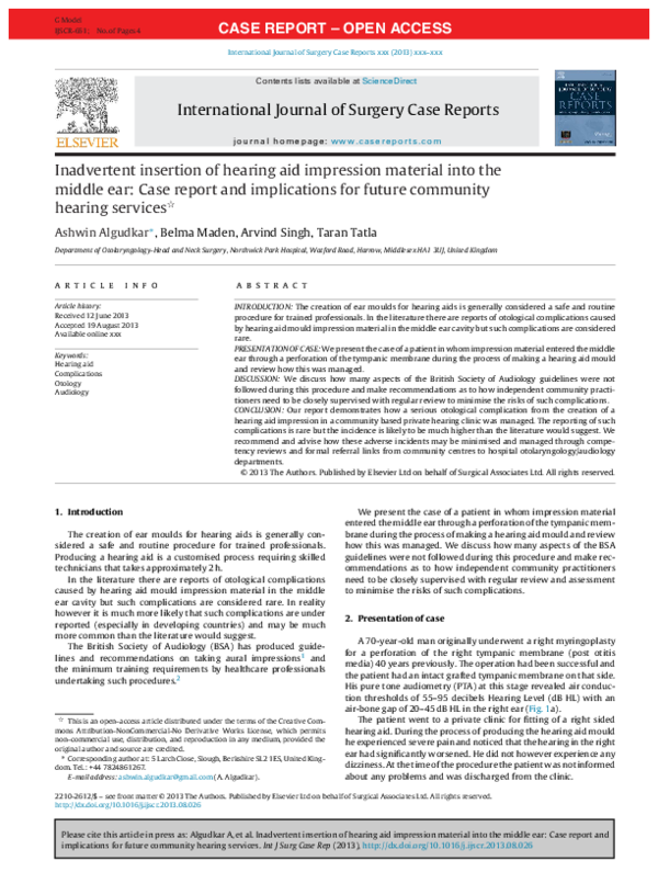 (PDF) Inadvertent insertion of hearing aid impression material into the ...