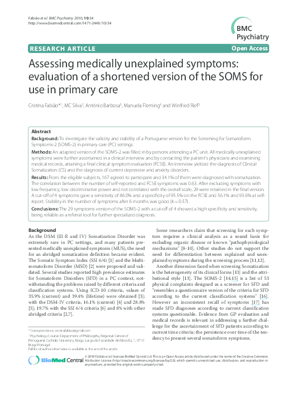 (PDF) Assessing medically unexplained symptoms: evaluation of a ...