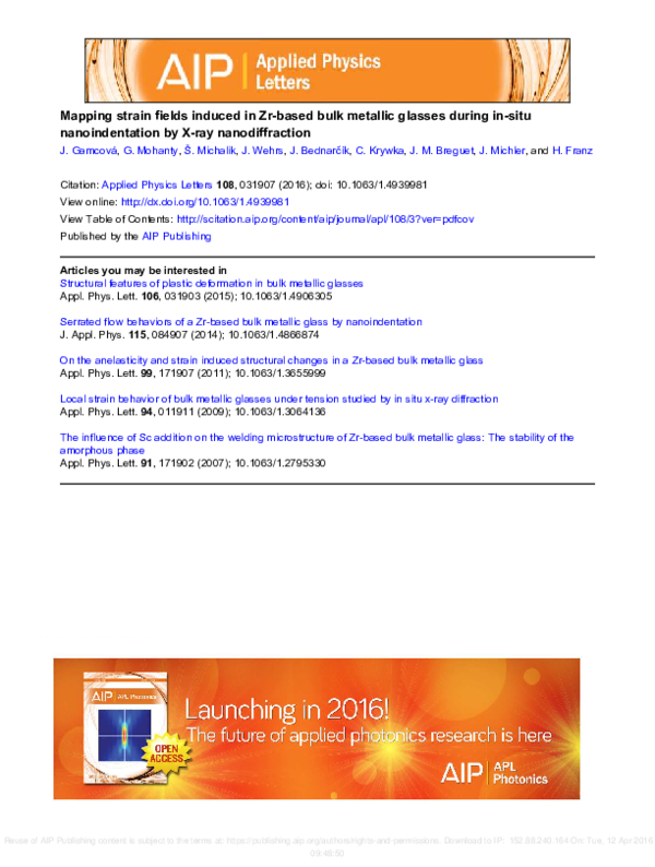 Pdf Mapping Strain Fields Induced In Zr Based Bulk Metallic Glasses During In Situ