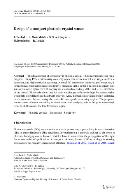 (PDF) Design of a compact photonic crystal sensor