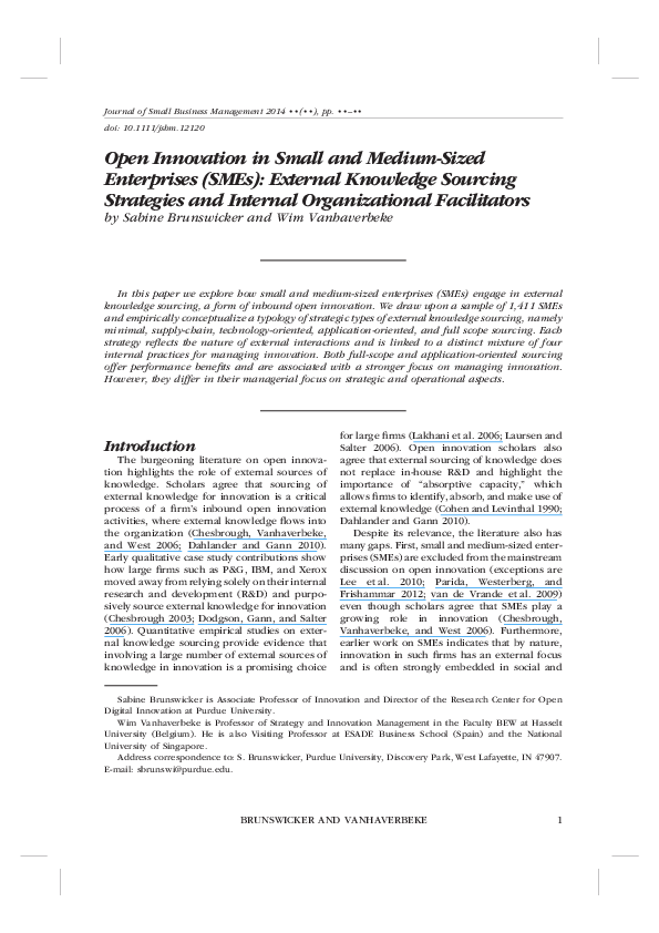 (PDF) Open Innovation in Small and Medium-Sized Enterprises (SMEs): External Knowledge Sourcing ...