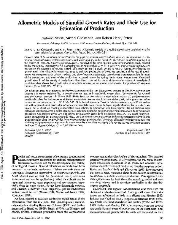 (PDF) Allometric Models of Simuliid Growth Rates and Their Use for ...