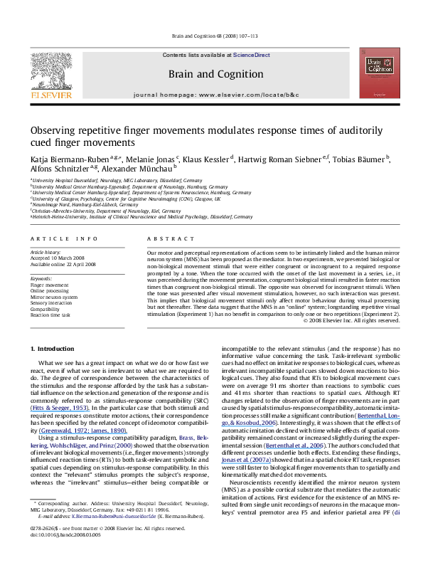 (PDF) Observing repetitive finger movements modulates response times of ...