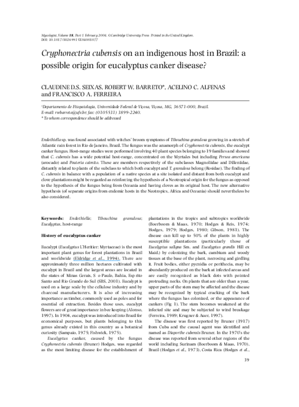 (PDF) Cryphonectria cubensis on an indigenous host in Brazil: a ...